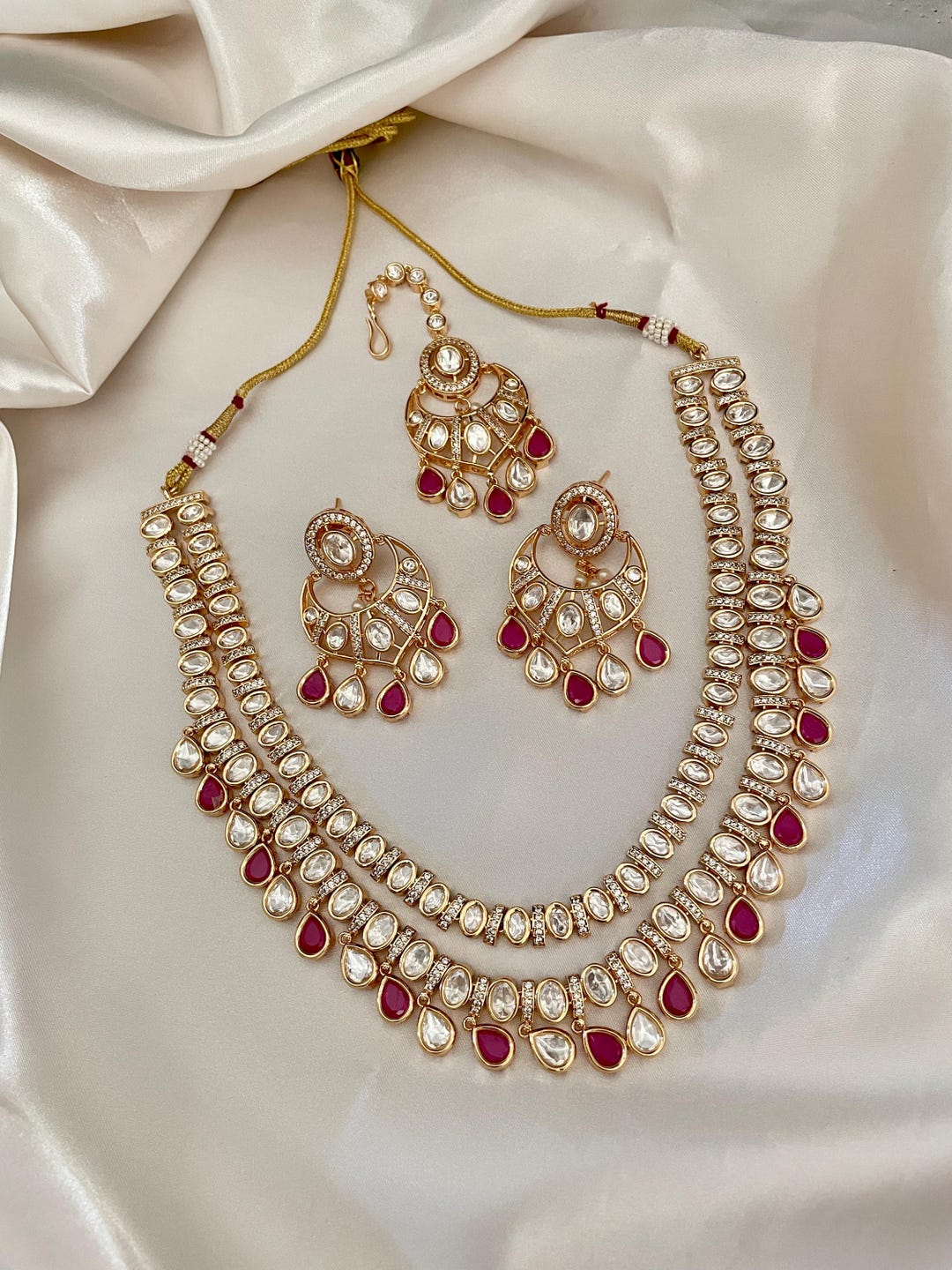 Gold Plated Double Liner Polki Kundan Ruby 3 Piece Necklace Set | 2 ...