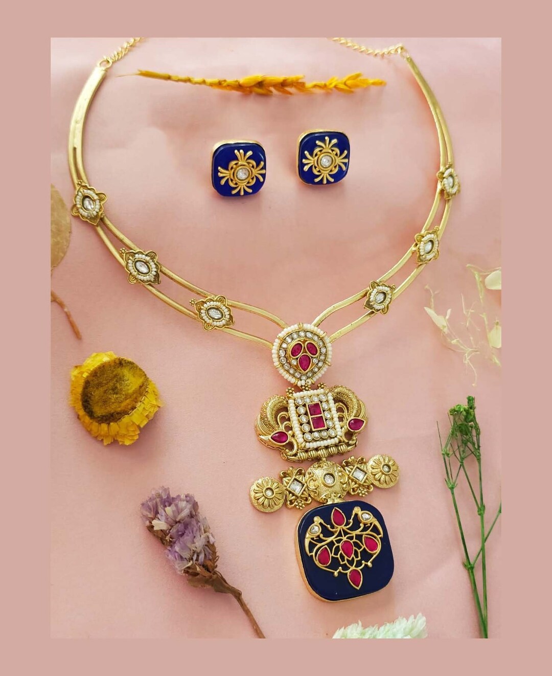 Ethnic Inlay Fusion Gold Blue Hasli Necklace Set Gold Blue Hasli Inlay ...