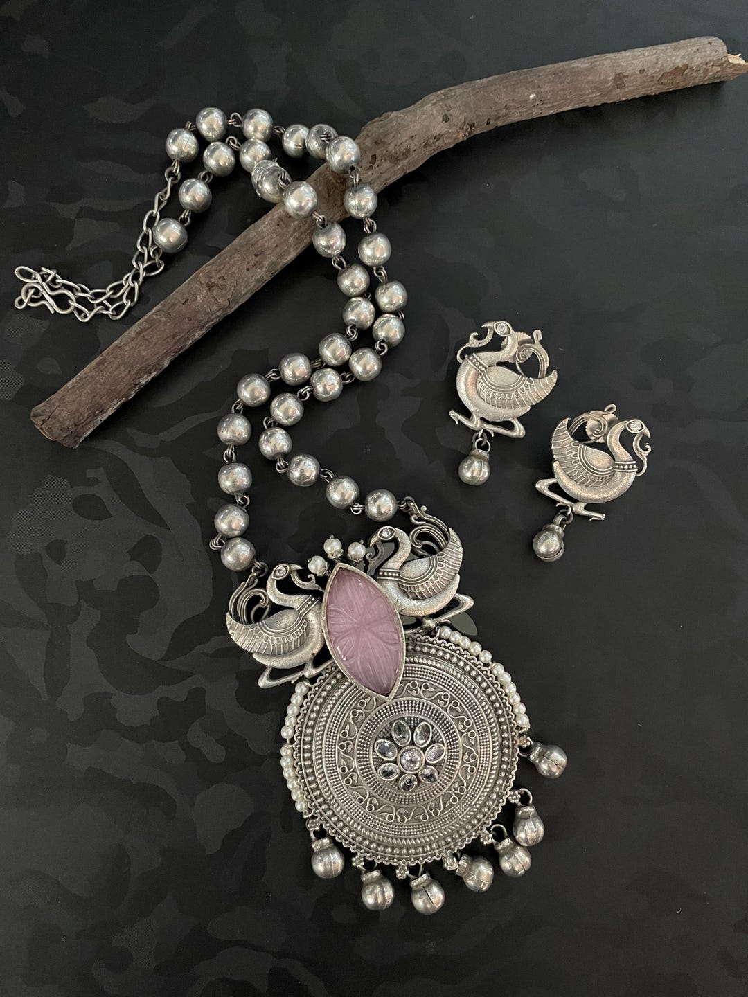 Fusion Oxidized Pink Stone Matar Mala Necklace | Bohemian German Silver ...