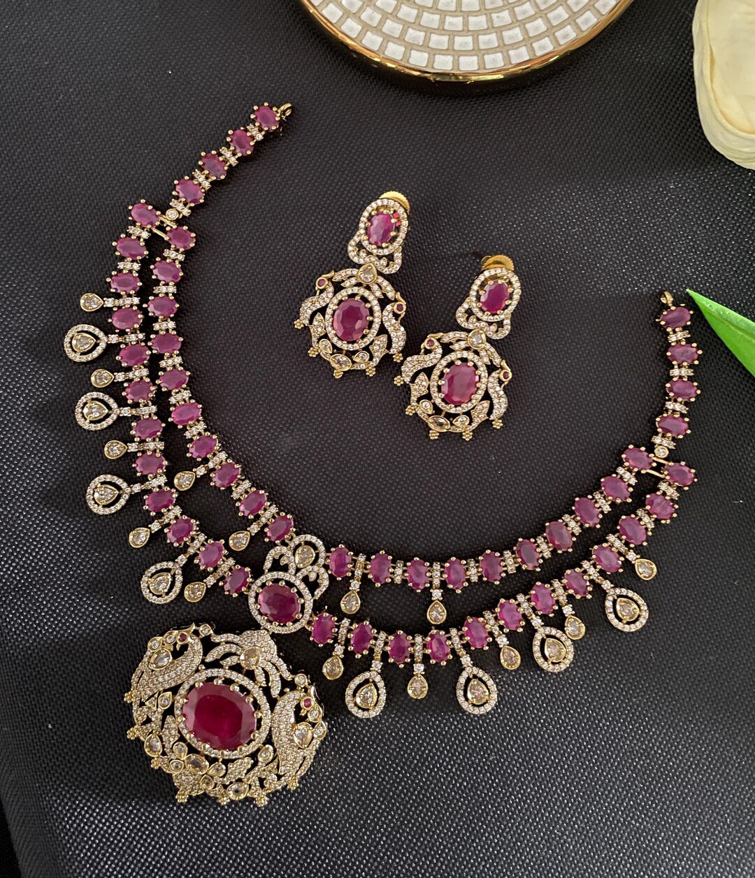 Vintage Finish Ruby AD Diamond Necklace Set: Indian Jewelry - Etsy