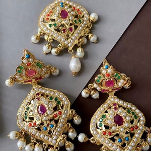 Gold Plated Hyderabadi Navratan Jadau Long Pearl Necklace Set Rani Haar ...