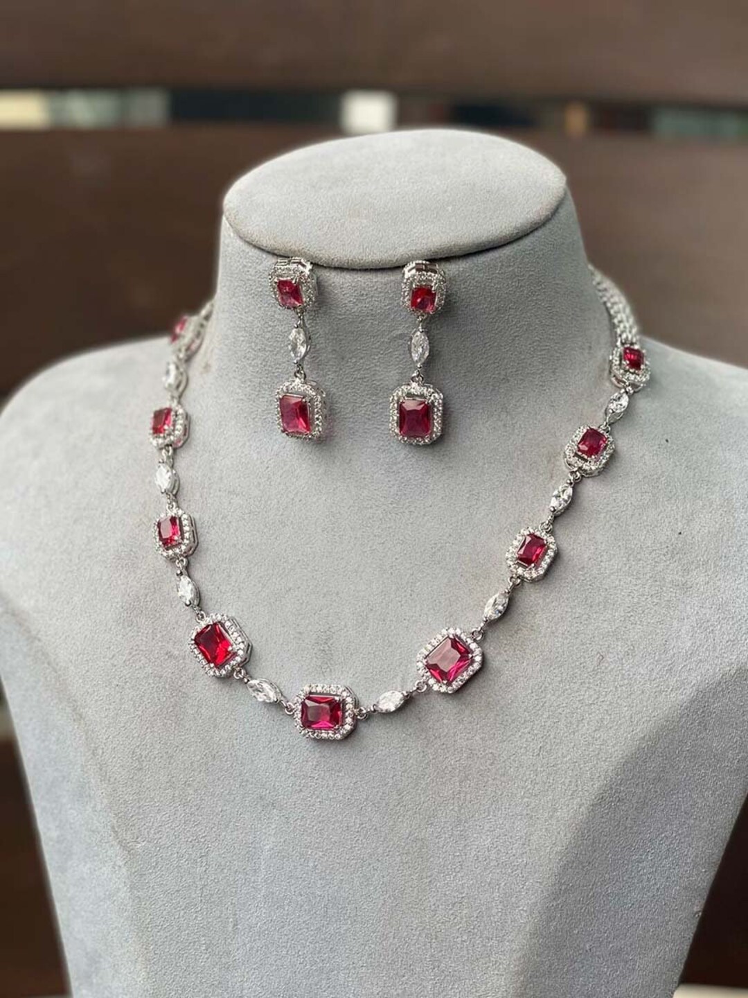 Ruby Diamond Necklace Set | Sapphire Blue American Diamond Silver ...