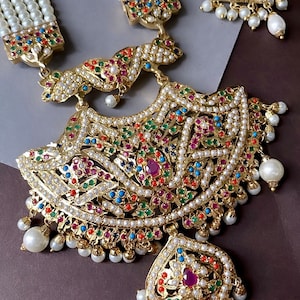Gold Plated Hyderabadi Navratan Jadau Long Pearl Necklace Set Rani Haar ...