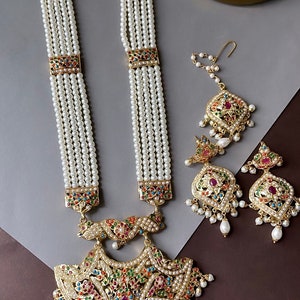 Gold Plated Hyderabadi Navratan Jadau Long Pearl Necklace Set Rani Haar ...