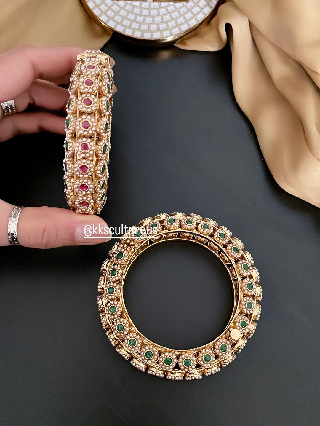 Gold Plated Openable Traditional Red Green White Jadau Bangle Bridal ...