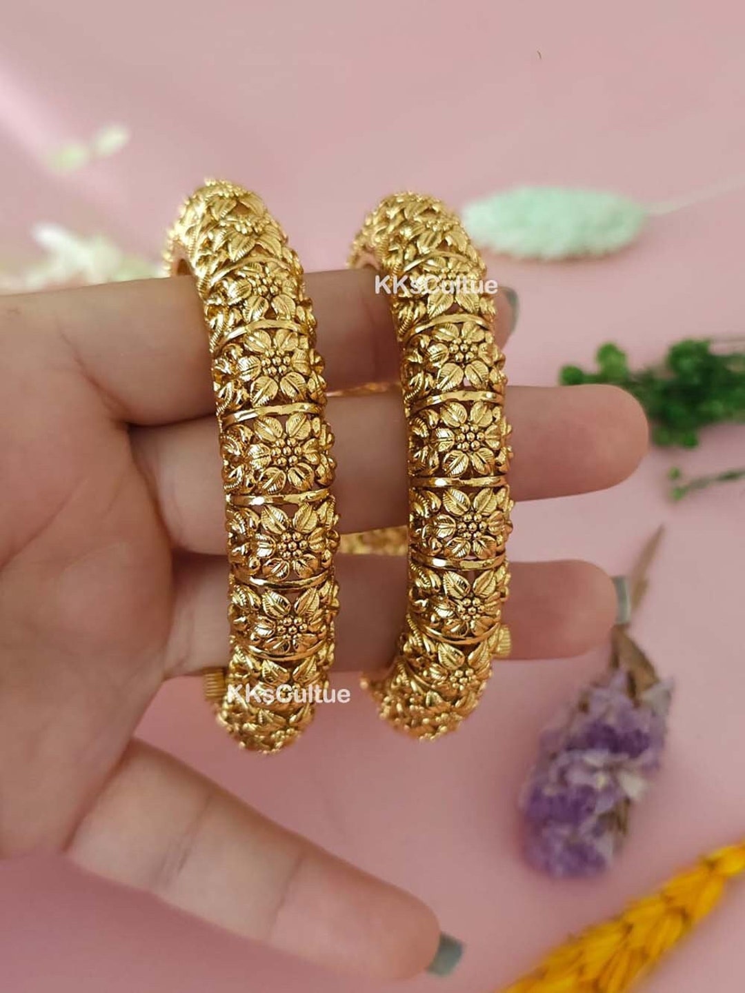 Fully Carved Gold Platted Openable Bangle Pair Gold Patla Indian Gold ...