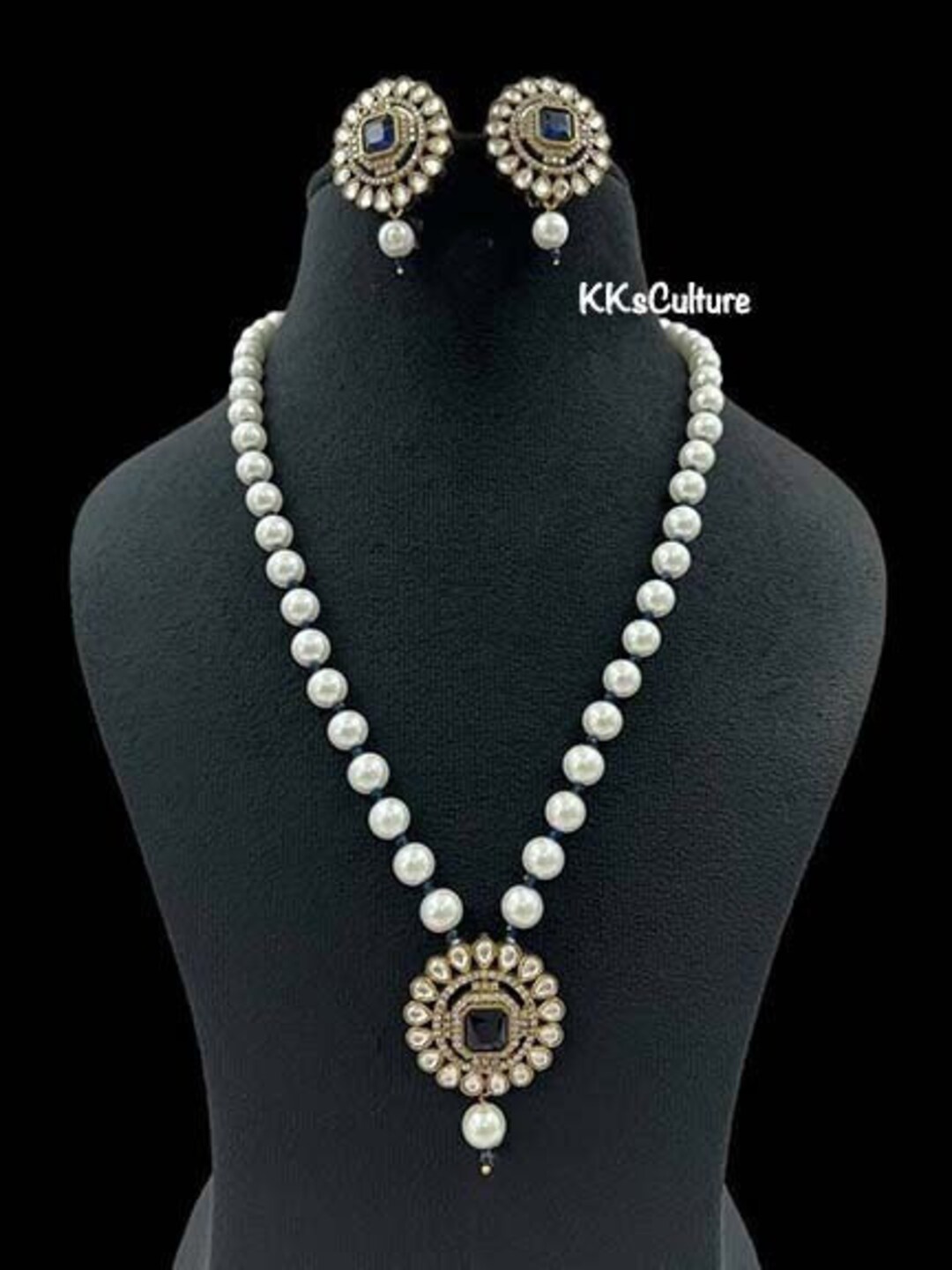 Pearl Beaded Mala Blue Stone Kundan Pendant Necklace Pearl Mala ...