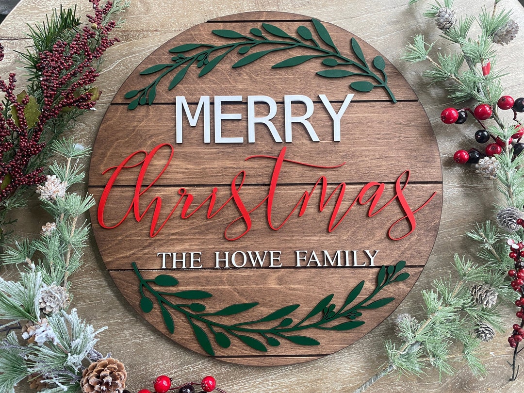Personalized Merry Christmas Welcome Sign, Rustic 18 Inch Round Wooden ...