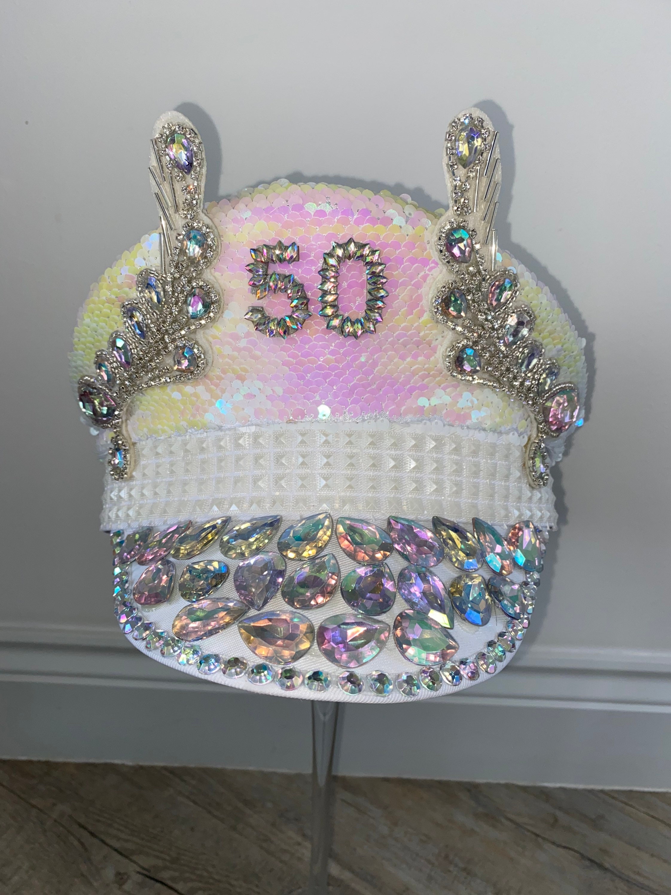 50th Birthday personalised white iridescent gem rhinestone hat | Etsy