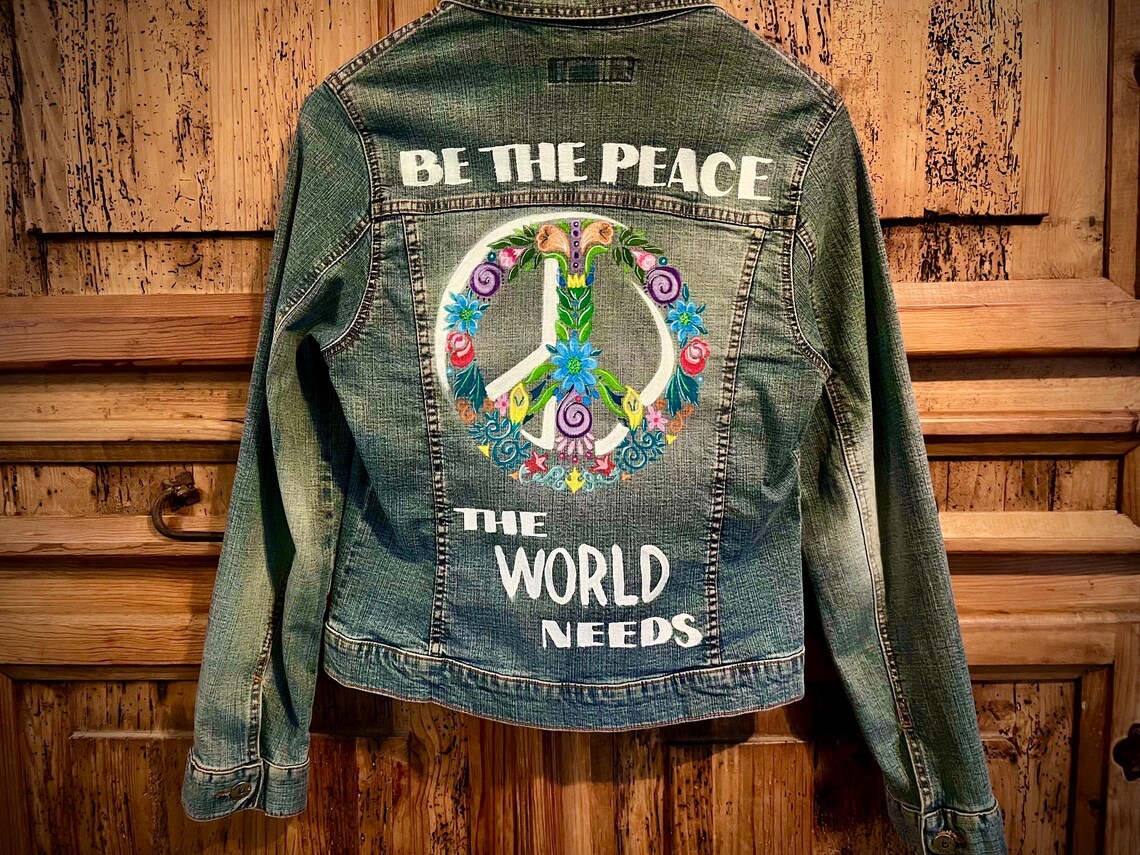 Colorful Floral Peace Jean Jacket/hand Painted Denim/size L - Etsy