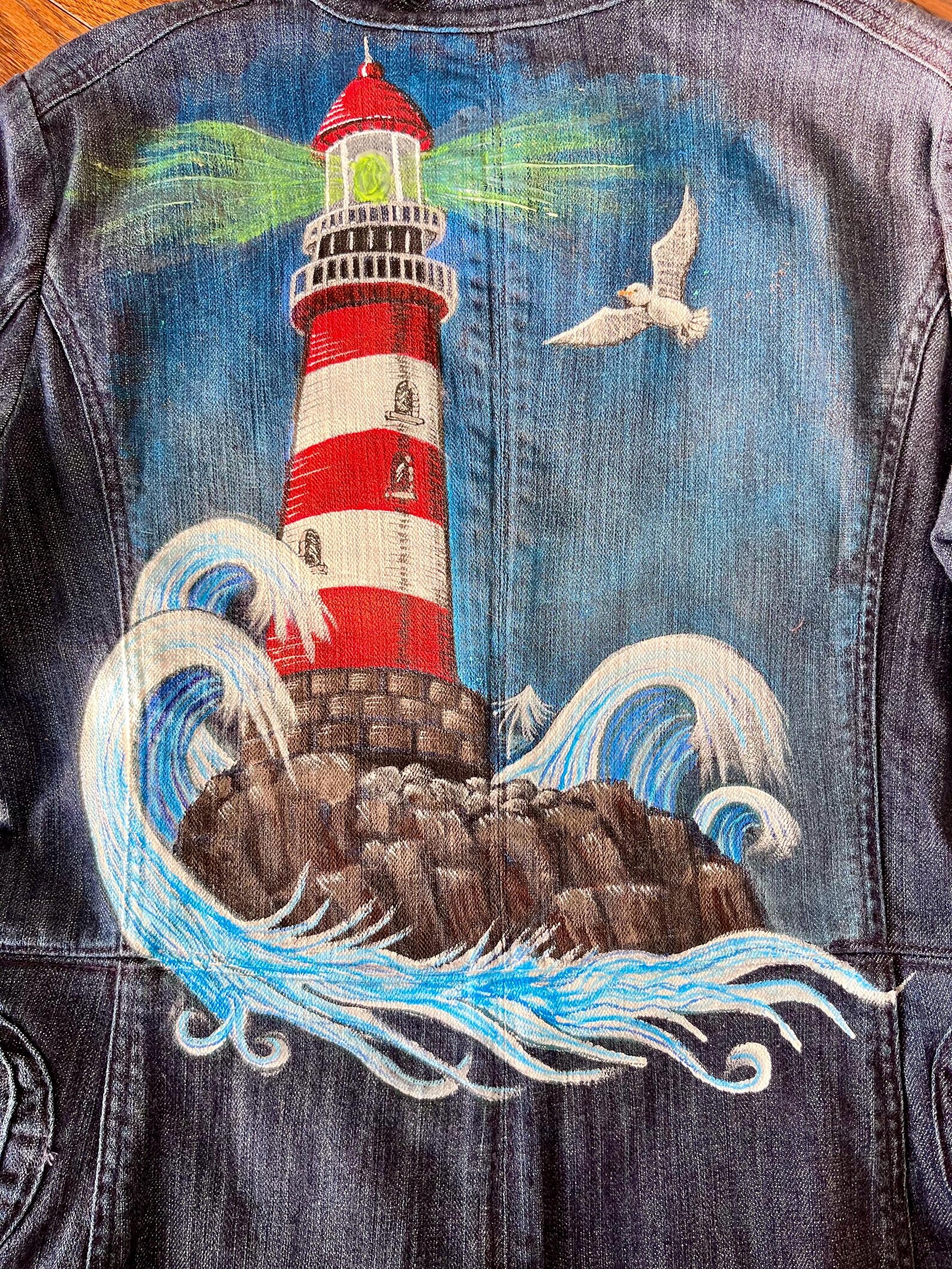Lighthouse Denim Jacket/hand Painted Jacket/ Intuitions Size 12 - Etsy