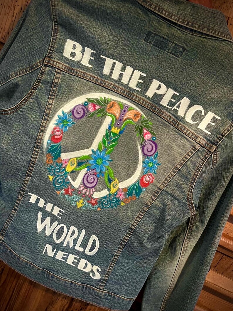 Colorful Floral Peace Jean Jacket/hand Painted Denim/size L - Etsy