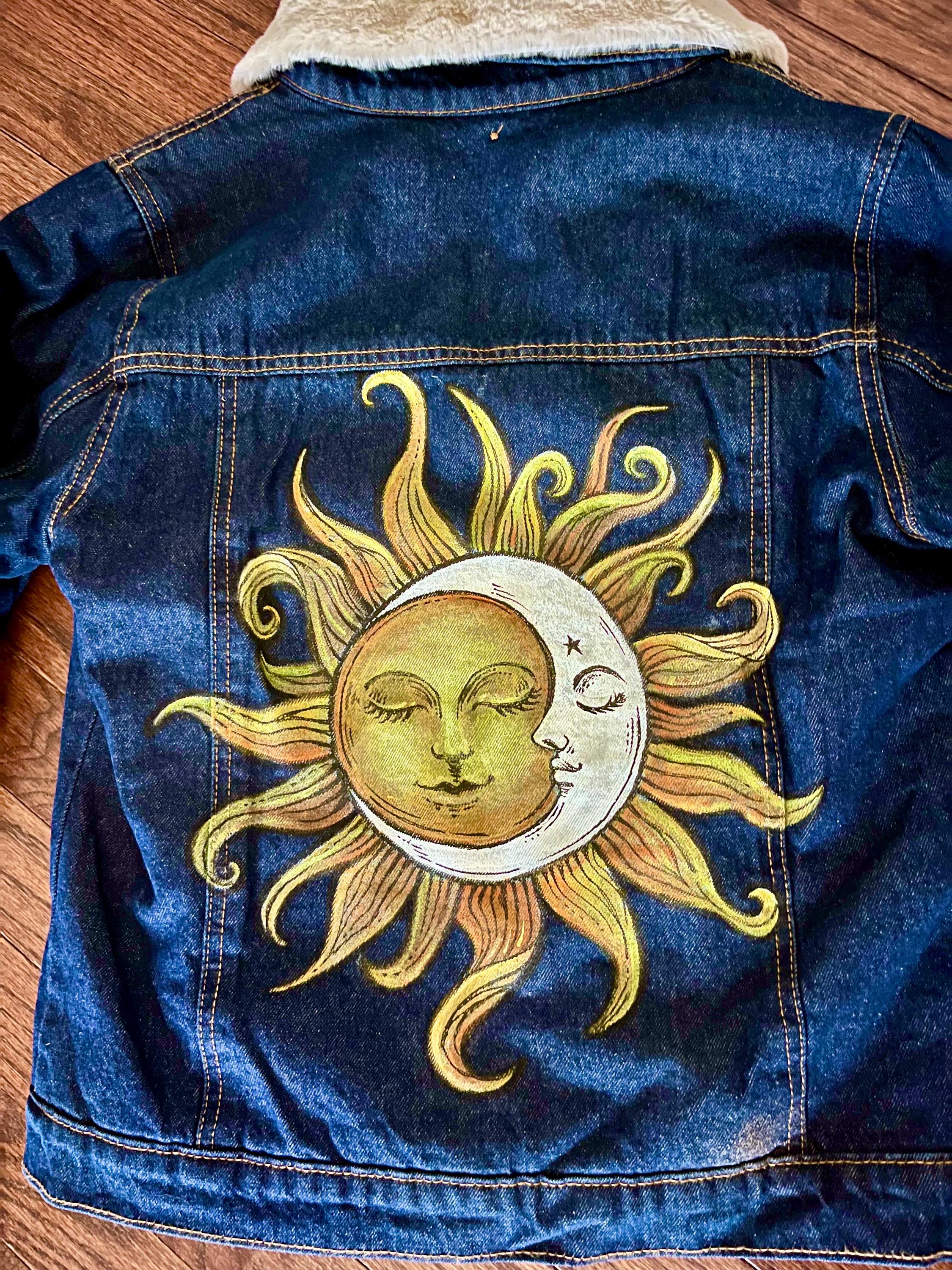 New Sun & Moon Jean Jacket/hand Painted /fleece Lined/jordache Size XS ...