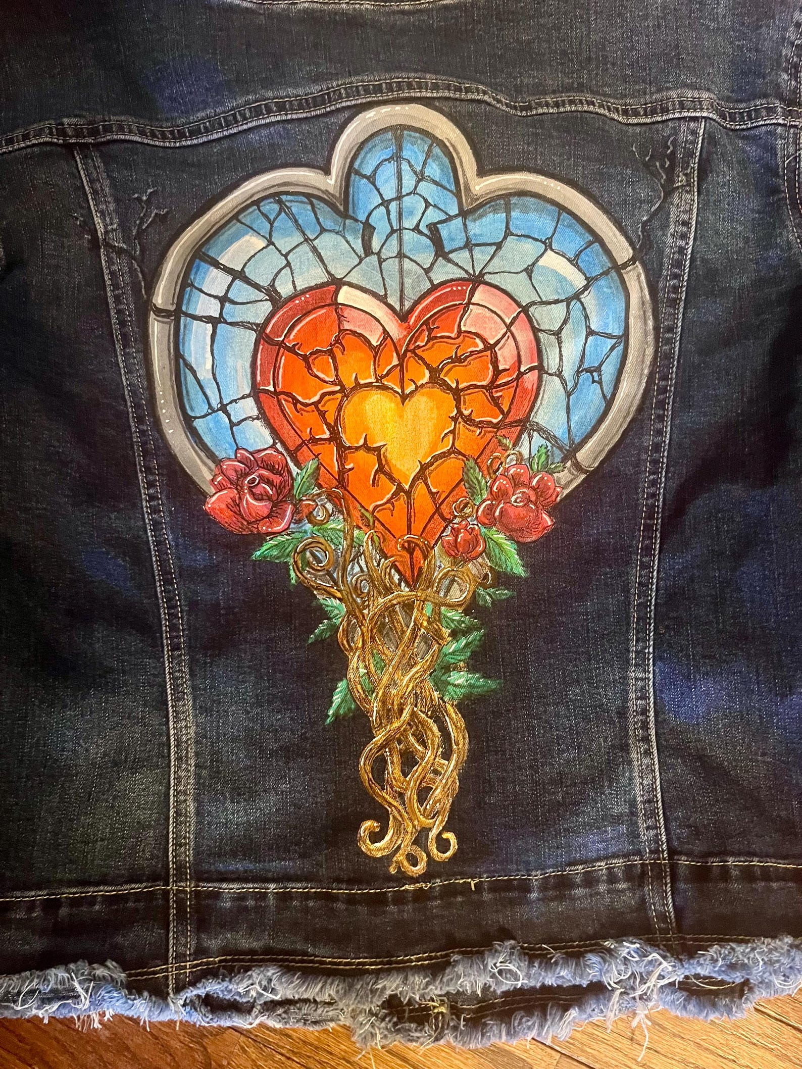 Heart Stained Glass Jean Jacket/hand Painted Grunge Blazer/q2 Premium ...
