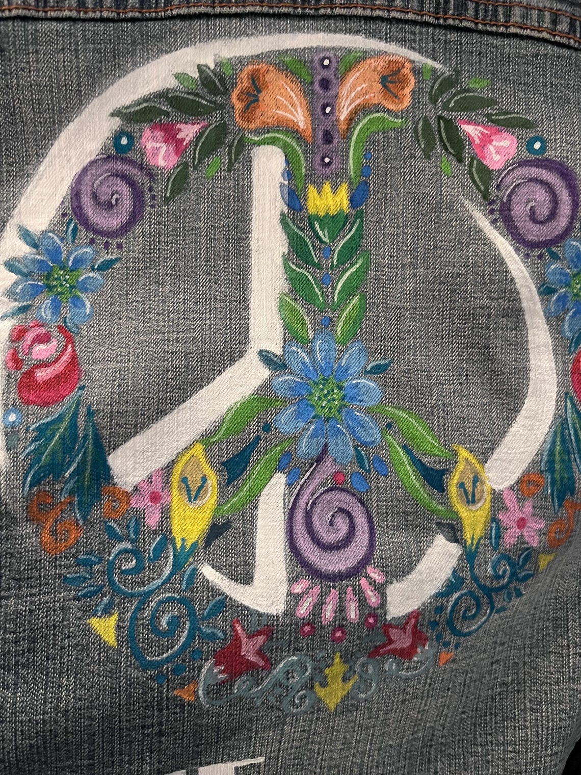 Colorful Floral Peace Jean Jacket/hand Painted Denim/size L - Etsy