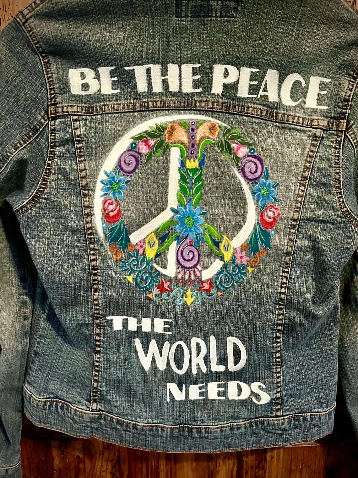 Colorful Floral Peace Jean Jacket/hand Painted Denim/size L - Etsy
