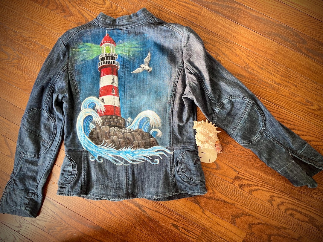 Lighthouse Denim Jacket/hand Painted Jacket/ Intuitions Size 12 - Etsy