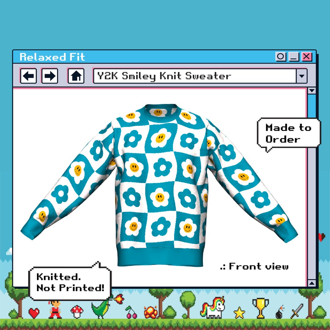 Knit Sweater. Kawaii Blue Cyan Checker Flower Jumper. Smiley Retro, Y2K ...
