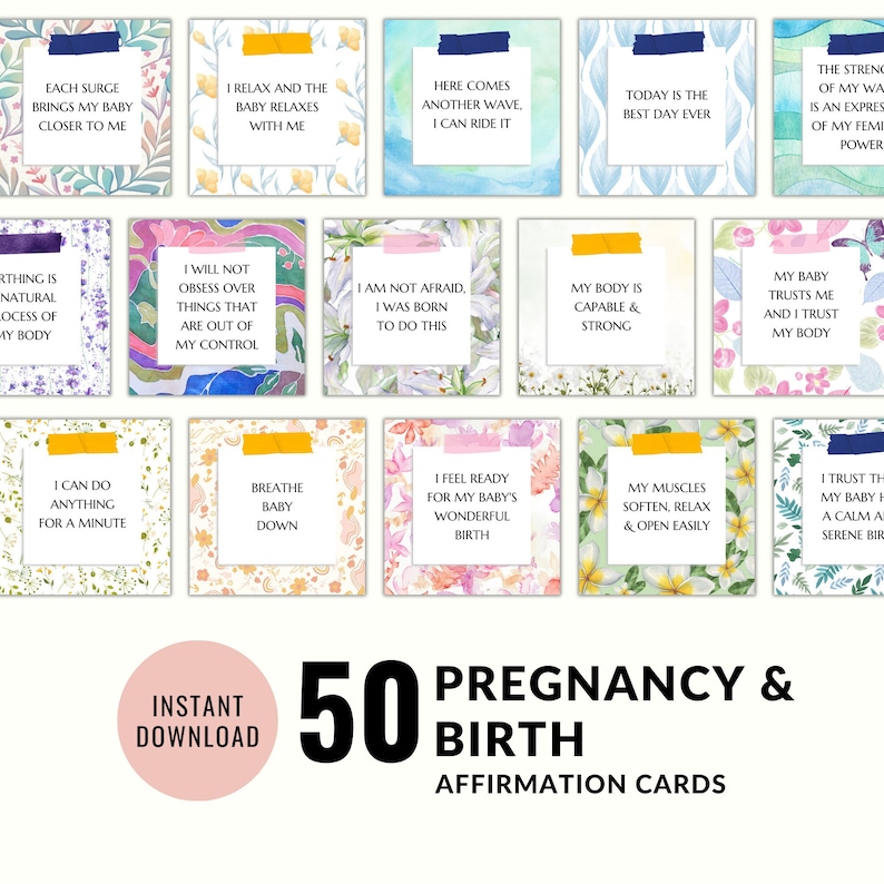50 Birth Affirmation Cards Printable Hypnobirthing Pregnancy Affirmations Cards Vibrant ...