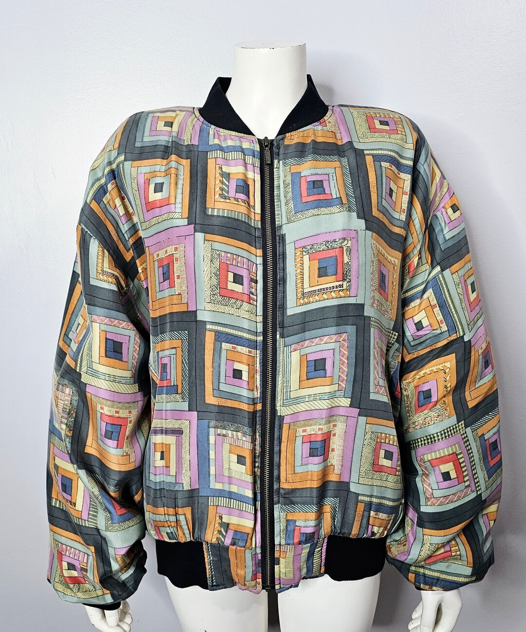 Vintage 1990s Silk Bomber Jacket, Geometric, Quilted - Etsy