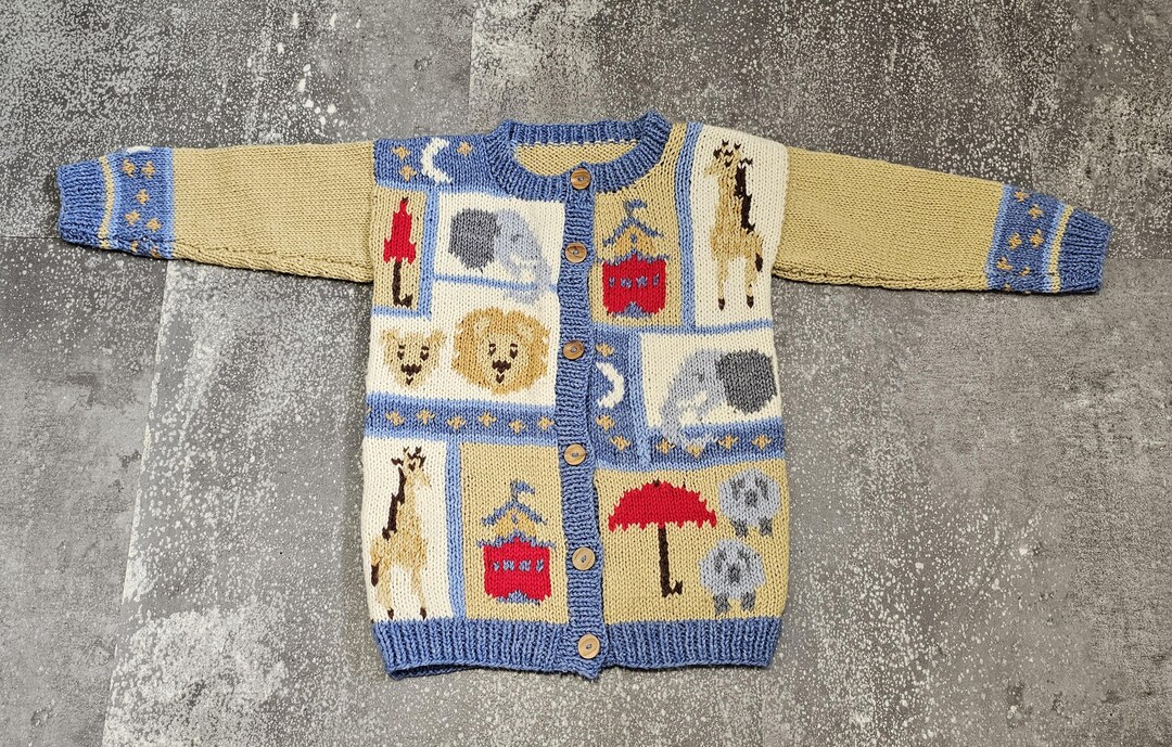 Vintage Noahs Ark Cardigan, 80s/90s Kids Sweater, Knit, Handmade ...