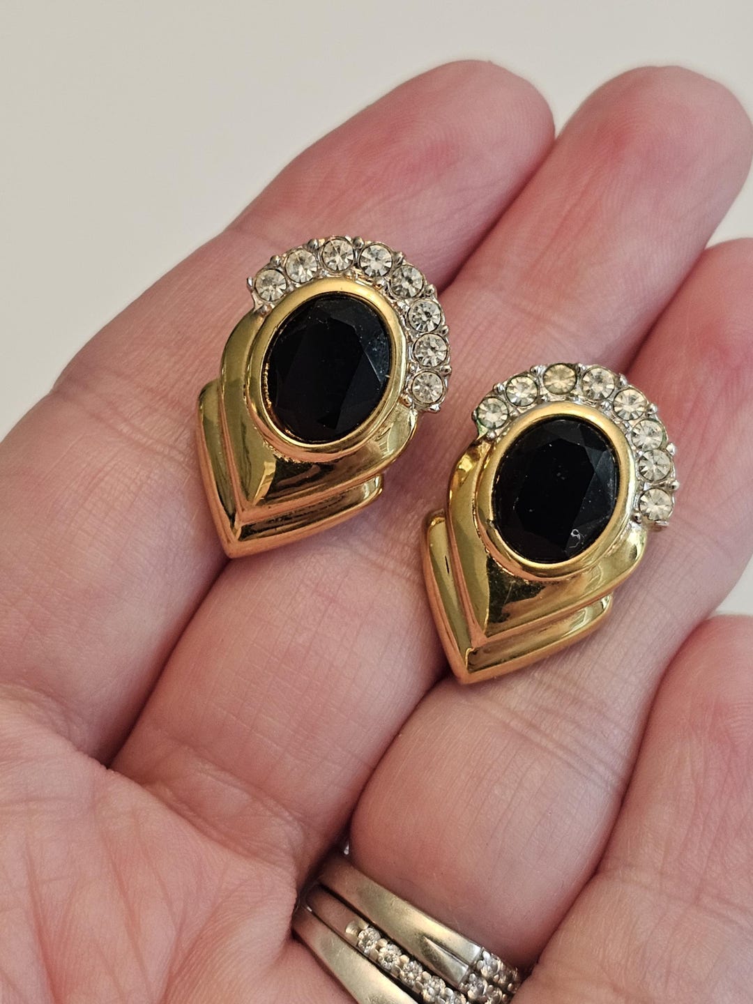 Vintage 80s D'orlan Gold and Black Pierced Earrings With Rhinestones - Etsy