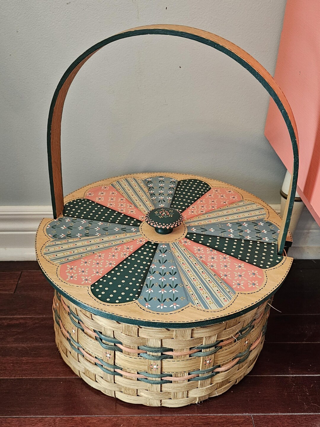 Vintage Boho Basket With Wood Lid, Handpainted, Floral, Wicker ...