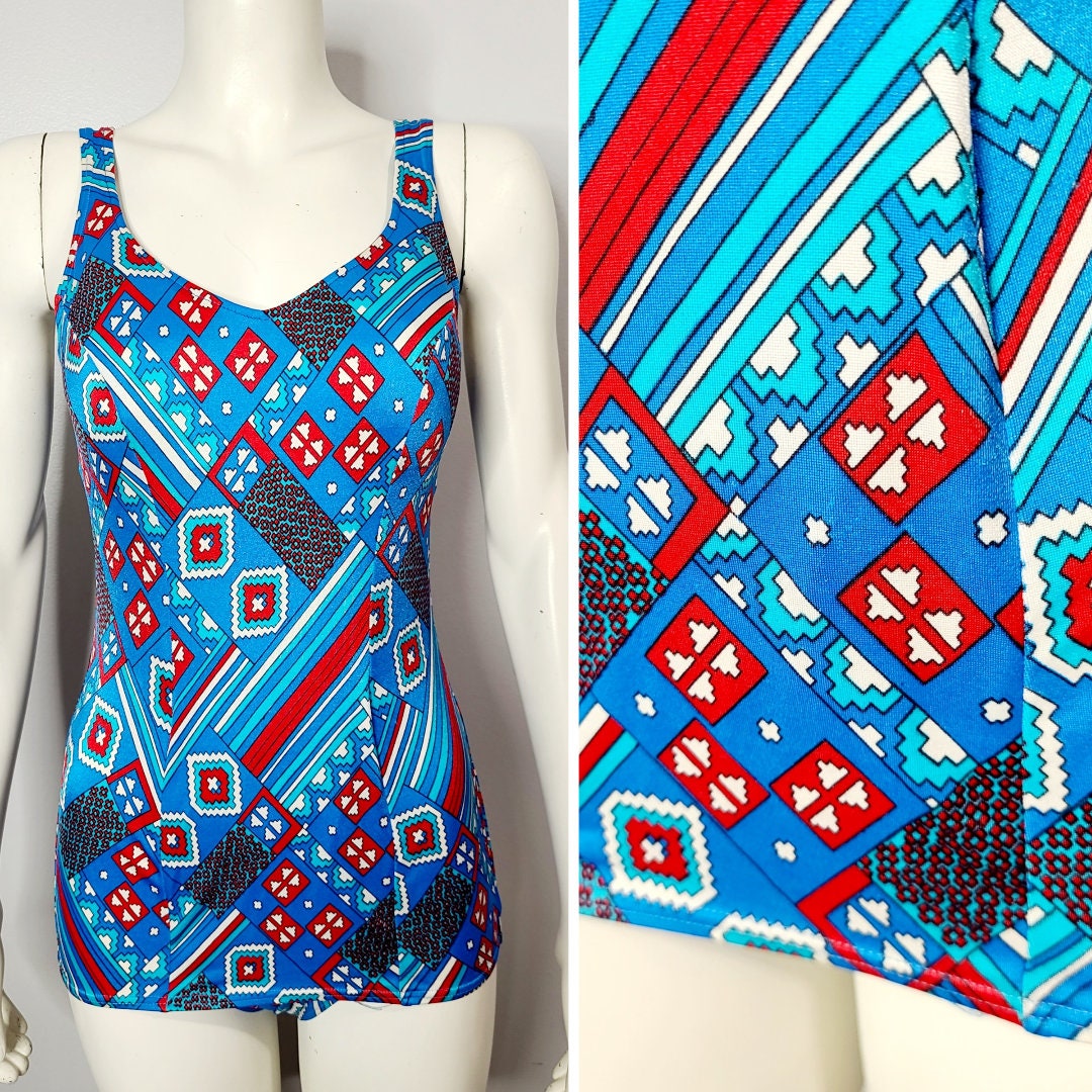 Vintage 1970s Swimsuit, 60s/70s Bathing Suit, MOD, Geometric, Red White ...