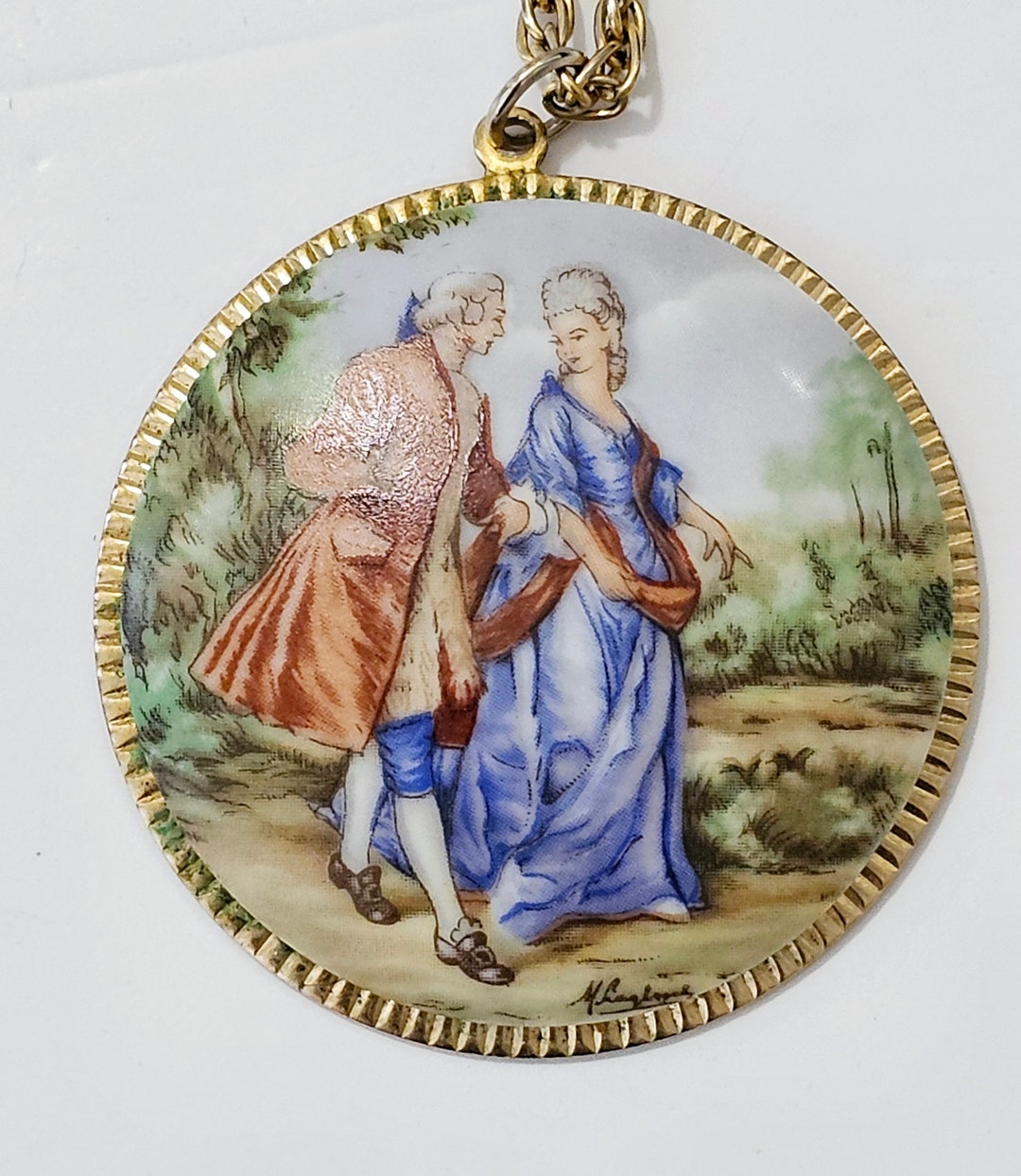 Vintage 1950s Limoges Pendant Necklace, Limoges, Victorian Revival, Fragonard, Courting Couple ...