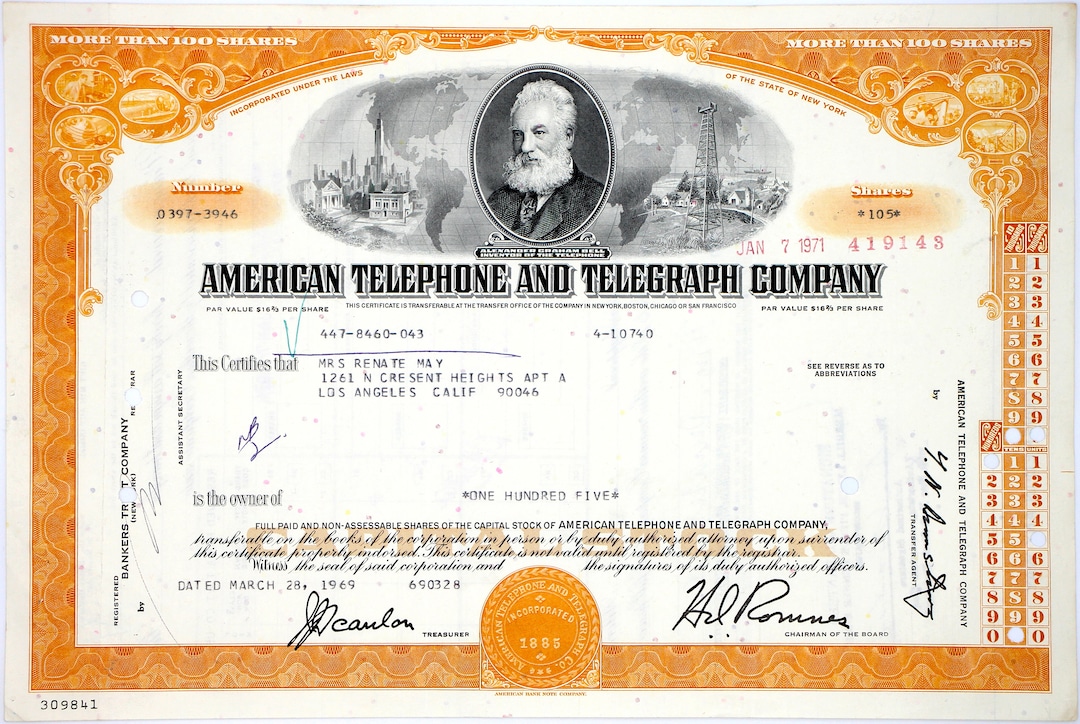AT&T American Telephone and Telegraph Company Stock Certificate - 1960s ...