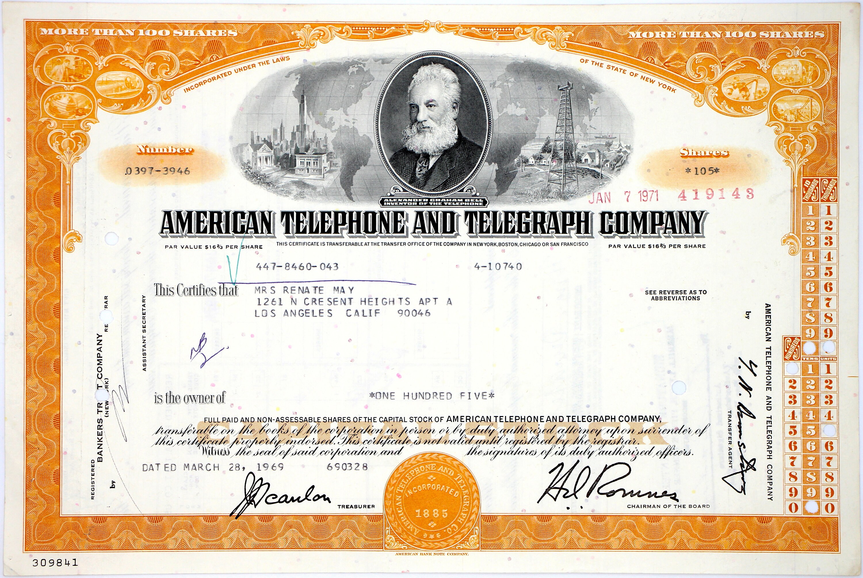 AT&T American Telephone and Telegraph Company Stock Certificate - 1960s ...