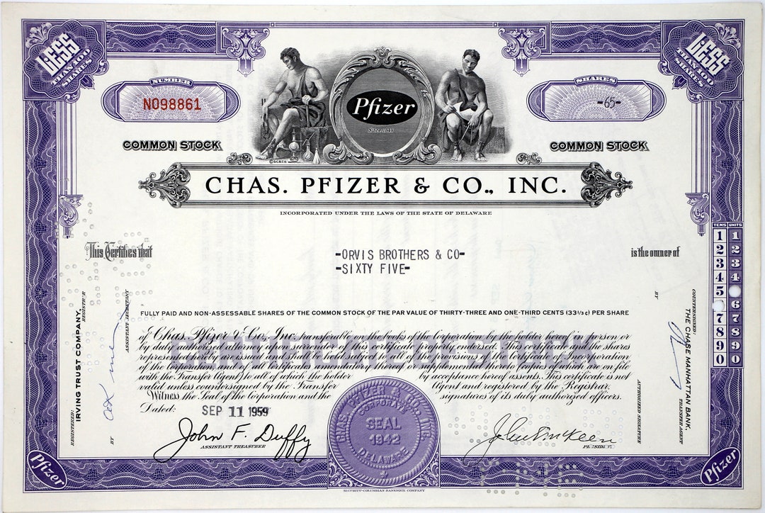 Chas. Pfizer & Co., Inc. Stock Certificate - 1950s-60s - Etsy