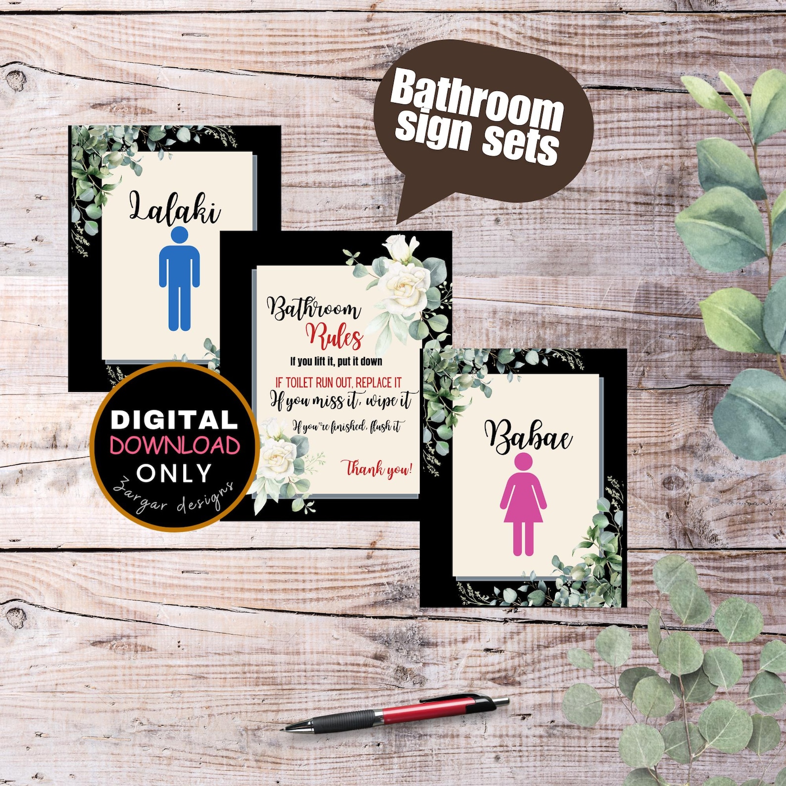 Filipino Bathroom Sign Sets Instant Download/ Lalaki Comfort Room Sign ...