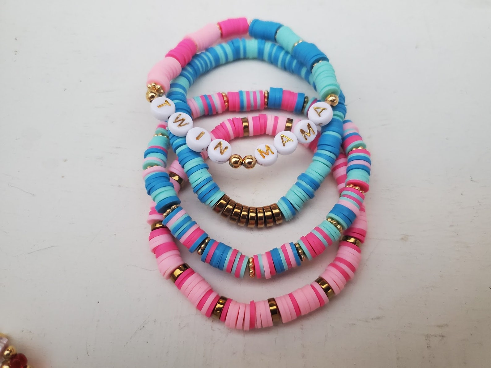 Twin Mama, Boy or Girl Mom 24k Gold & Clay Heishi Bead Bracelet, Pink ...