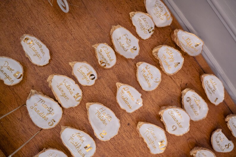 Hand Painted White & Gold Trim Oyster Shell Place Cards for Wedding ...