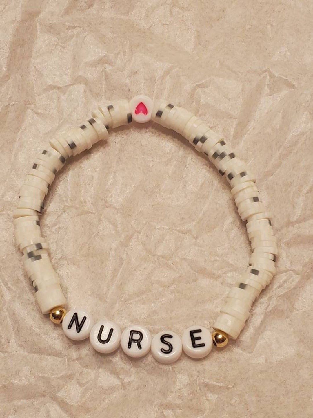 Nurse Appreciation Bracelet, Heishi Beads, Acrylic Heart & Gold Filled ...