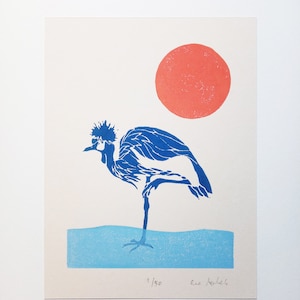 Linocut Print Crane in the Sun - Original Art Print, Nature Art ...