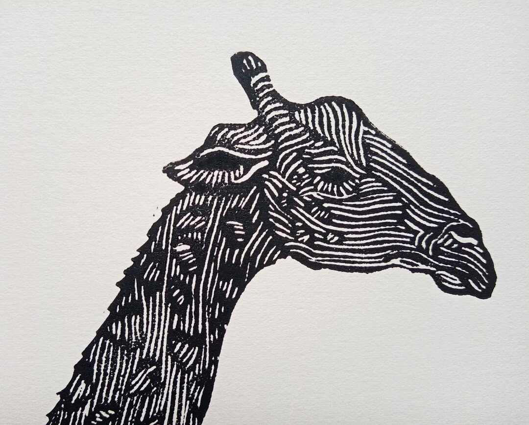 Linocut Print Giraffe - Original Art Print, Black and White, Animal ...