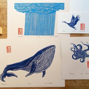 Linocut Whale - Original Art Print, Hand Engraved and Printed, Marine ...