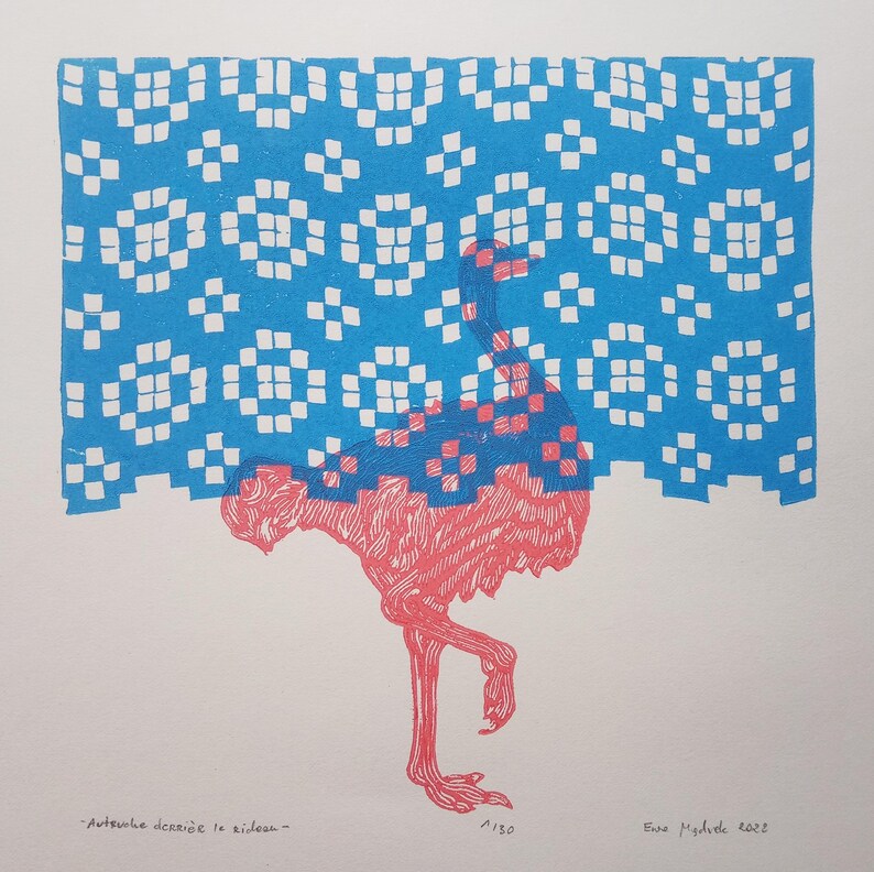 Linocut Ostrich Behind the Curtain - Original Art Print, Ornithological ...