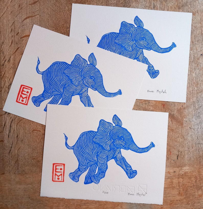 Linocut Small Elephant Original Art Print African Animals - Etsy