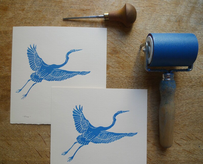 Linocut Crane Blue Bird, Original Art Print, Ready for Frame Nature Art ...
