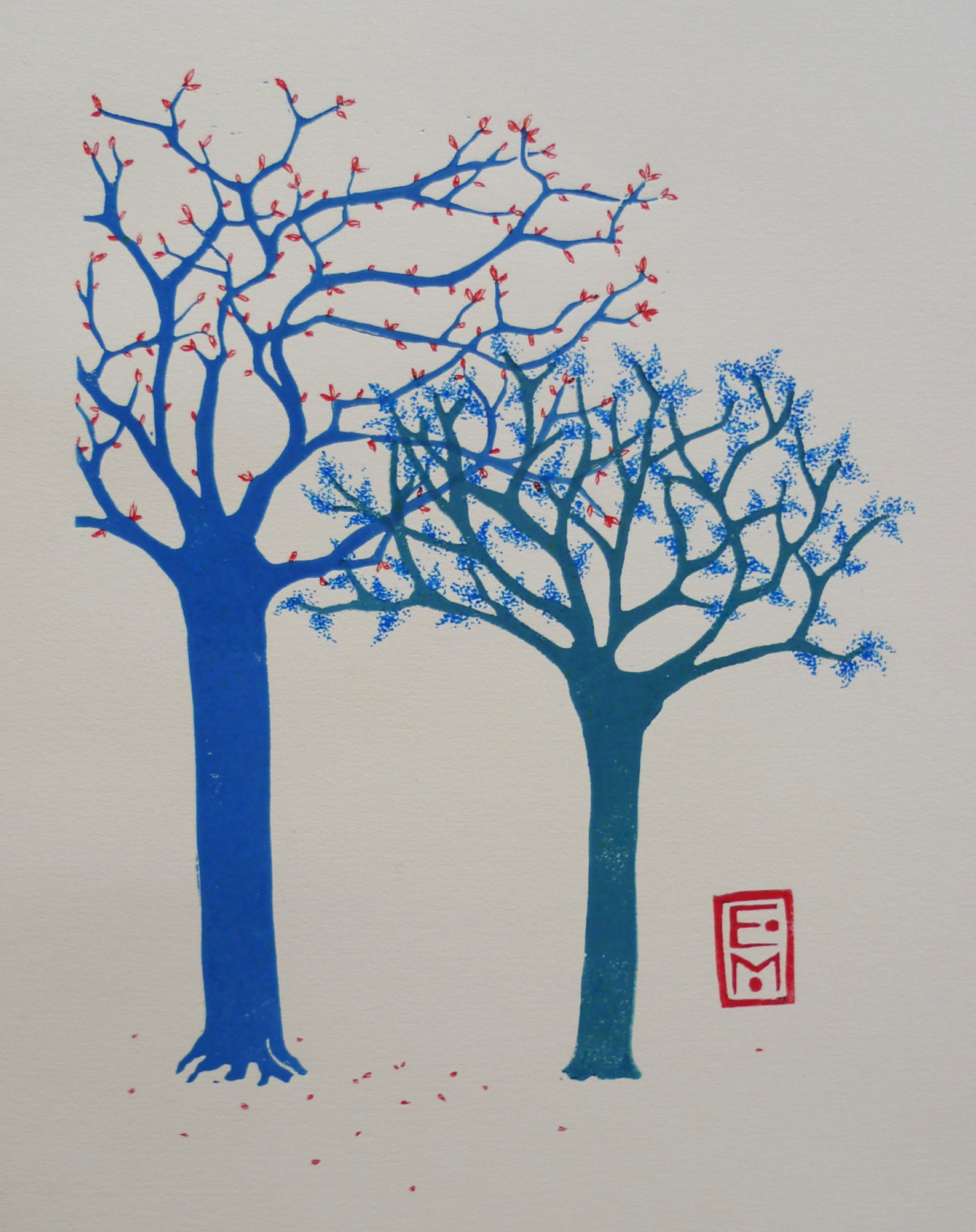 Linocut and Drawing Two Trees Original Artwork Mixed Media - Etsy