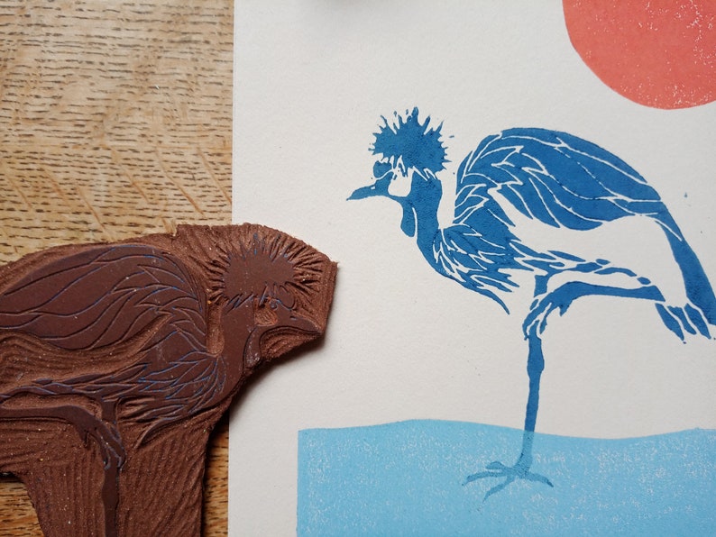 Linocut Print Crane in the Sun - Original Art Print, Nature Art ...
