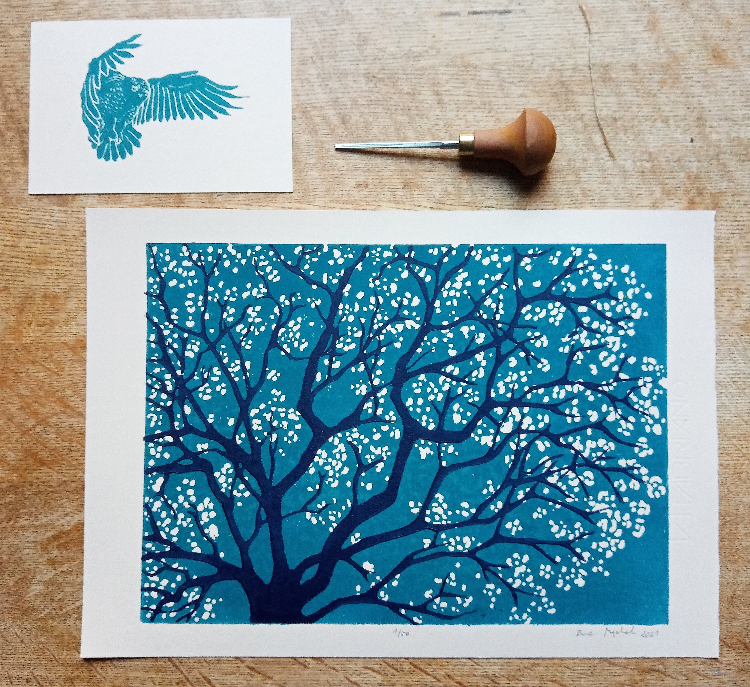 Linocut Blooming Tree Original Art Print Floral Art Spring | Etsy