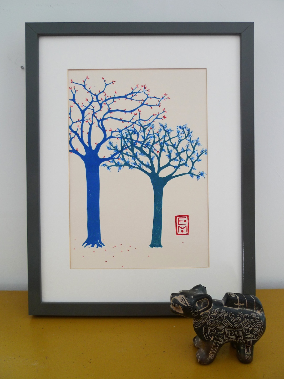 Linocut and Drawing Two Trees, Original Artwork, Mixed Media ...