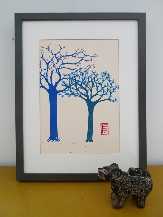Linocut and Drawing Two Trees Original Artwork Mixed Media - Etsy