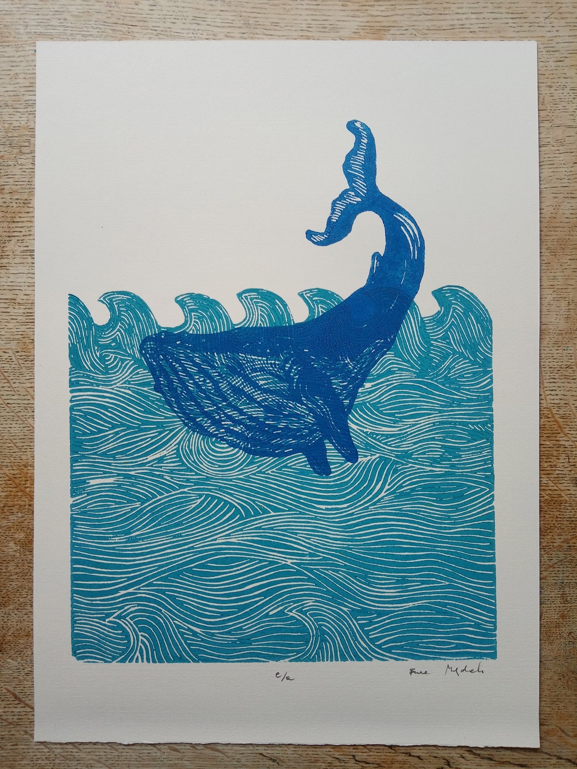 Linocut Into the Ocean - Original Art Print, Blue Whale, Limited ...