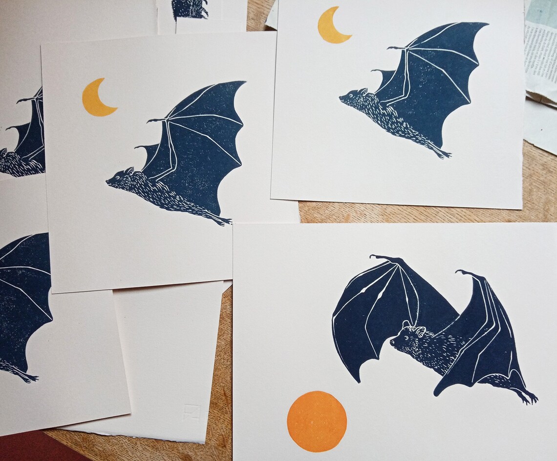 Linocut Bat- Original Art Print, Hand Carved and Printed, Limited ...
