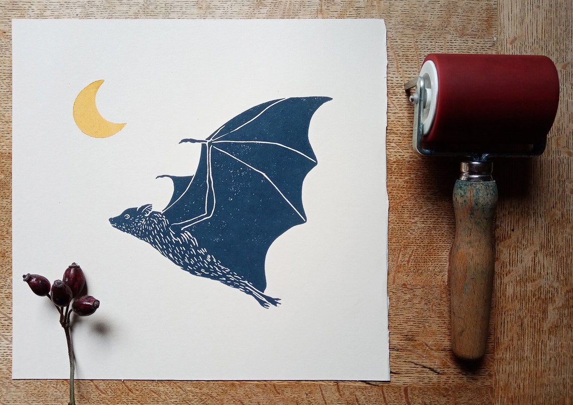 Linocut Bat- Original Art Print, Hand Carved and Printed, Limited ...